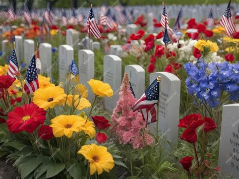 Premium Photo Memorial Day American Flags And Flowers In A Cemetery