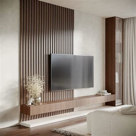 Sleek Tv Wall With Vertical Walnut Wood Slats And Floating Console