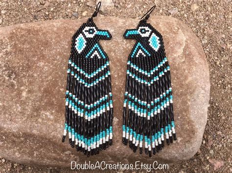 Native Turquoise Ravens Beaded Earrings With Fringe Etsy Beaded