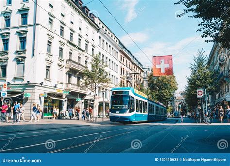 Zurich Switzerland Aug 23 2018 A Tram Drives Down The Center Of