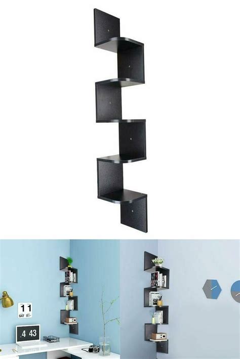 Wall Mounted Corner Shelf Zig Zag Wooden Bookcase Storage Display