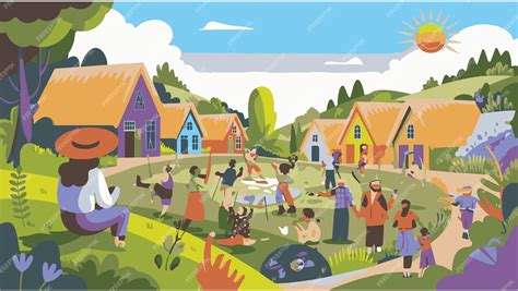 Reunión Comunitaria En Un Pueblo Colorido Con Varias Actividades