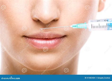 Beautiful Female Lips Plastic Surgery Her Lips At The Needle Stock