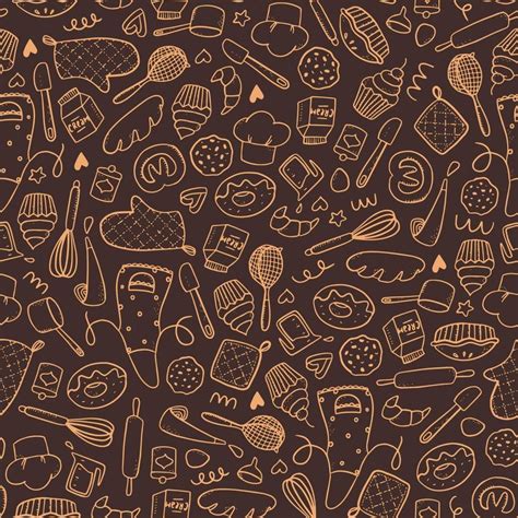 Cute Bakery Doodles Seamless Pattern On Caramel Background