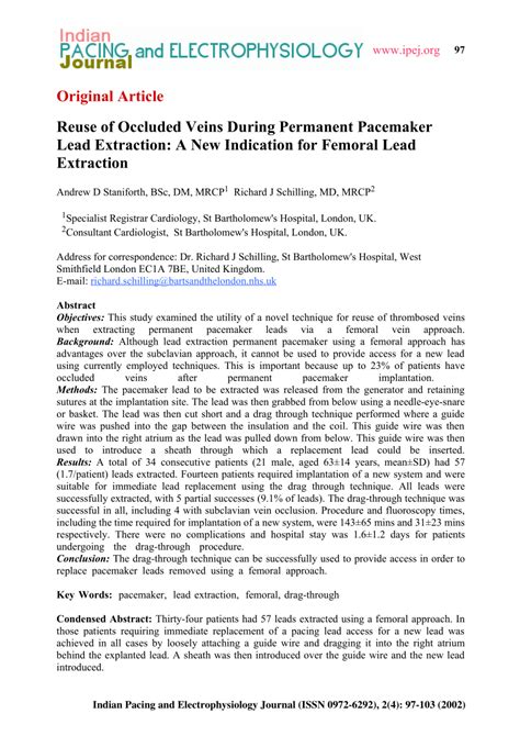 Pdf Reuse Of Occluded Veins During Permanent Pacemaker Lead