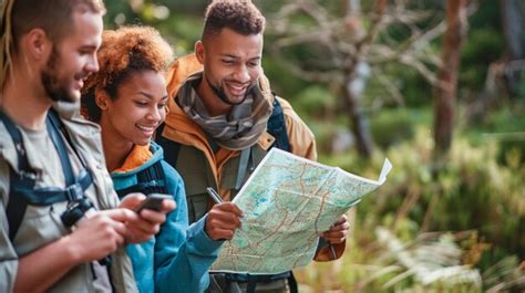 Premium Photo Happy Friends With Map And Compass