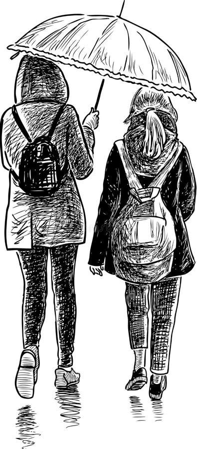 Sketch Of The Girls In The Rain Stock Vector Illustration Of Friend