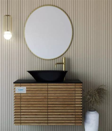 ארון אמבטיה עץ מלא פאלמס פלמס עם פלטה עליונה פורצלן וכיור מונח לבן מבריק ארונות אמבטיה ווד עץ