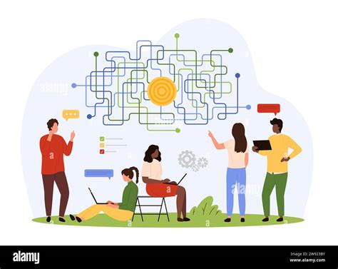 mind map diagram vector illustration cartoon tiny people research visualization of connections