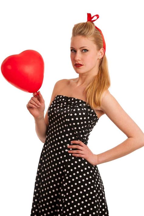 Retro Style Pin Up Girl With Blonde Hair In Black Dress Wtih Whi Stock