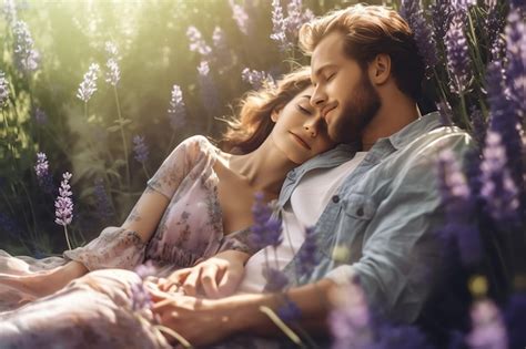 Premium Ai Image A Couple Laying In The Grass With Flowers In The