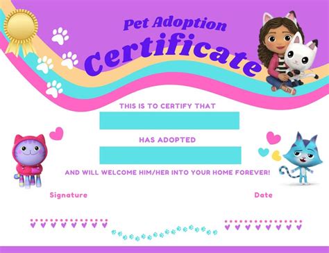 Gabbys Dollhouse Birthday Party Adoption Certificate Canva Template