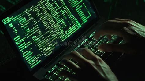 Programmer Typing Source Code On Laptop Keyboard With Computer Screen Casting A Green Glow In