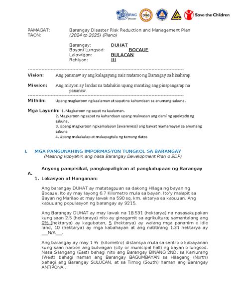 Bdrrm Plan Template With Logos Bunlo Pamagat Barangay Disaster Risk Reduction And Management