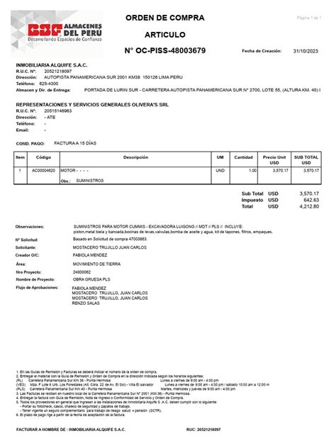 Orden De Compra Olivera S Suministros De Motor Cummis Excavadora