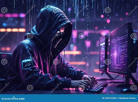 Hacker Using Laptop Computer In The Dark Room With Neon Glitch Effect Cyber Hacking Stock