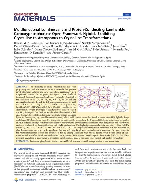Pdf Multifunctional Luminescent And Proton Conducting Lanthanide Carboxyphosphonate Open