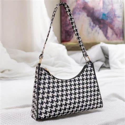 🆕️trendy Houndstooth Shoulder Baguette Bag Pu Leather Classic Black
