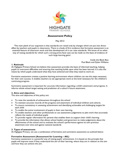 Highgate Primary School Assessment Policy May 2012