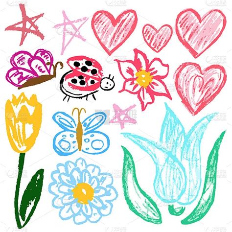 用蜡笔画的幼稚可爱的图画素材 花瓣网