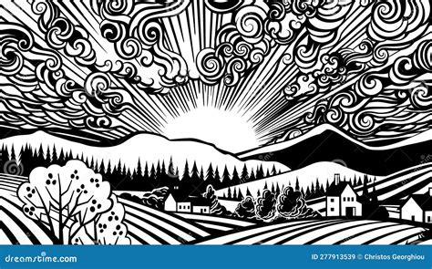 Fields Rolling Hills Sunrise Farm Land Background Stock Vector