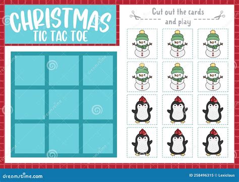 Vector Christmas Tic Tac Toe Chart With Snowman And Penguin New Year