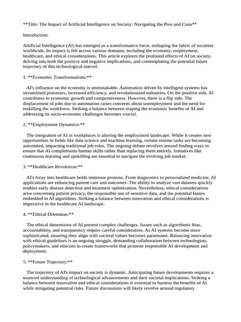 title the impact of artificial intelligence on society navigating the pros and cons pdf