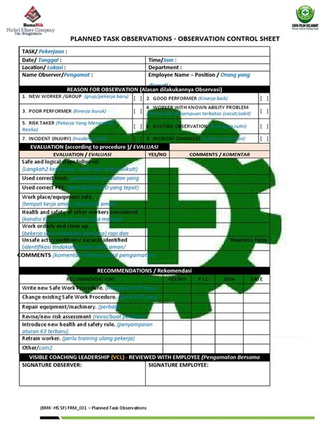 Bmk Hse Sf Frm 001 Planned Task Observations Pdf Occupational Safety And Health Business
