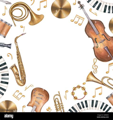 Watercolor Musical Instruments Music Notes Square Frame Isolated Background Woodwind String