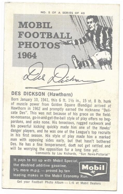 1964 Mobil Football Photo 5 Des Dickson Hawthorn Apt Collectables