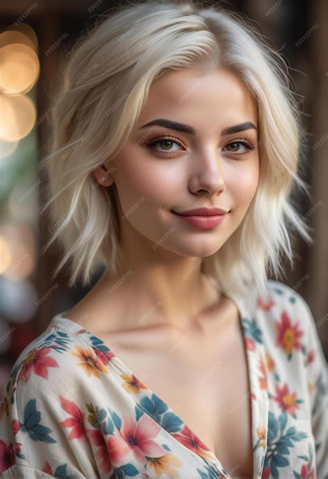 Portrait Of Beautiful Young Woman With Blonde Hair In Floral Blouse