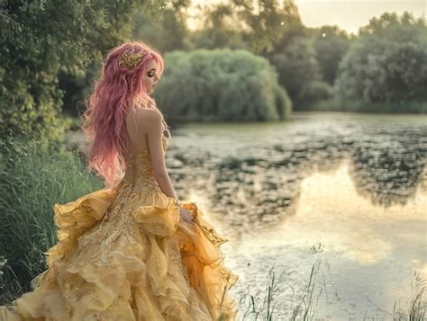 A Girl In A Gold Dress Is Standing In A Pond With Water Ai Generated