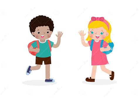 Niños Afroamericanos Con Mochila Diciendo Adiós A Los Caucásicos Niños