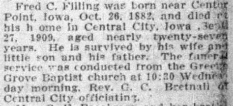 Fred C Filling 1882 1909 Mémorial Find A Grave