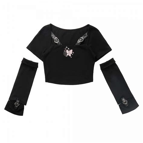 Butterfly Print Black Short T Shirt With Free Sleeves