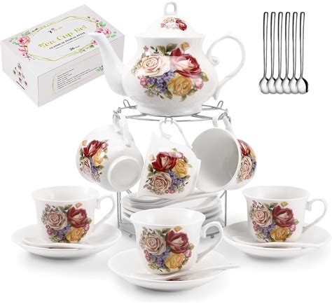 Suttmin 21 Pcs Porcelain Teapot Set With Metal Holder And