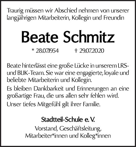 Traueranzeigen Von Beate Schmidt Trauer And Gedenken