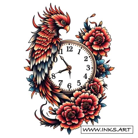 Tattoo Design Phoenix Rising From A Timeless Clock Face Style