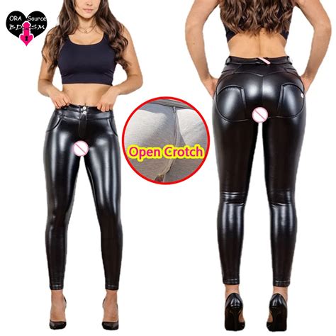 Woman Open Crotch Leather Pants For Couple Outdoor Sex Crotchless Pu