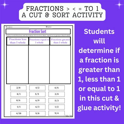 Fractions Greater Than Less Than And Equal To 1 A Cut And Glue Sort