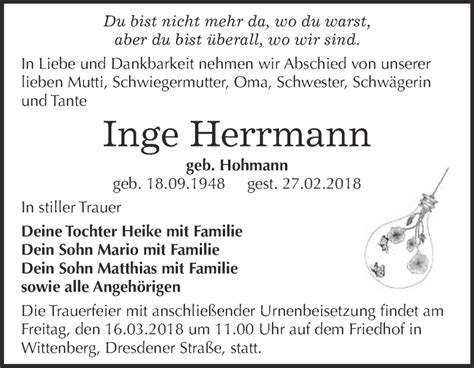 Traueranzeigen Von Inge Herrmann Abschied Nehmen De