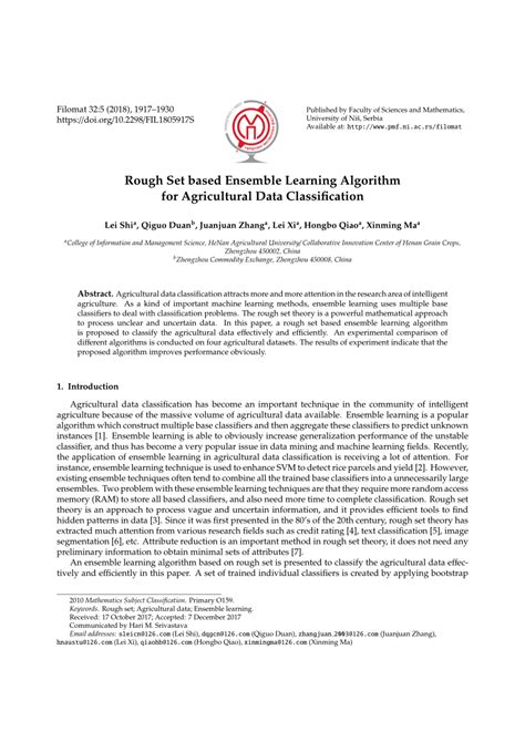 Pdf Rough Set Based Ensemble Learning Algorithm For Agricultural Data Classification