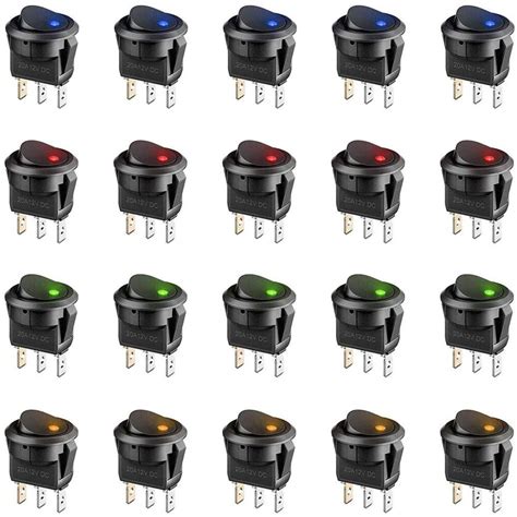 20pcs 3pin 20a 12v Round Rocker Toggle Switch With Led Light Blue Yellow Red Green Light On Off