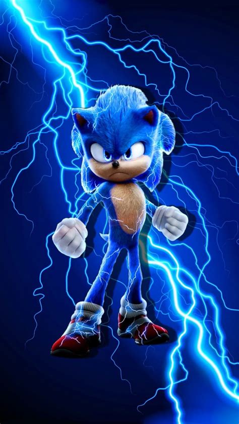 Sonic The Hedgehog Is Standing In Front Of A Blue Background With Lightning Behind Him