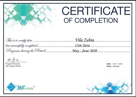 Vila Zehra On Linkedin Corejava Completion Certificate 361dm