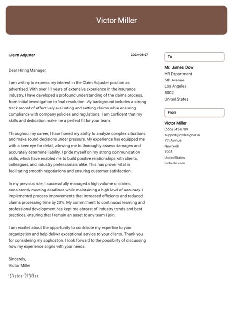Claim Adjuster Cover Letter Example For 2024 Tips And Templates