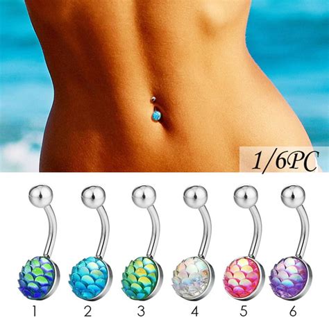 16 Pieces Mermaid Scales Round Belly Button Rings 316l Surgical Steel