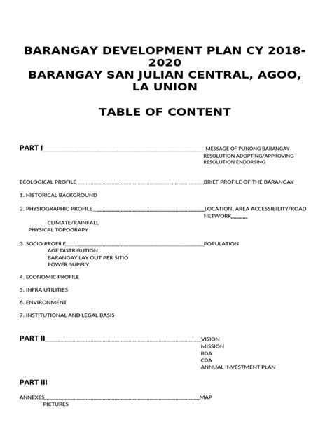 Barangay Development Plan 2018 Tble Pdf