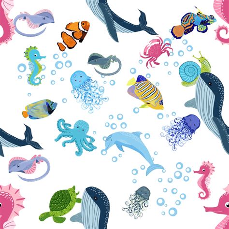Marine Life Seamless Pattern Fish Background Dolphin Star Exotic