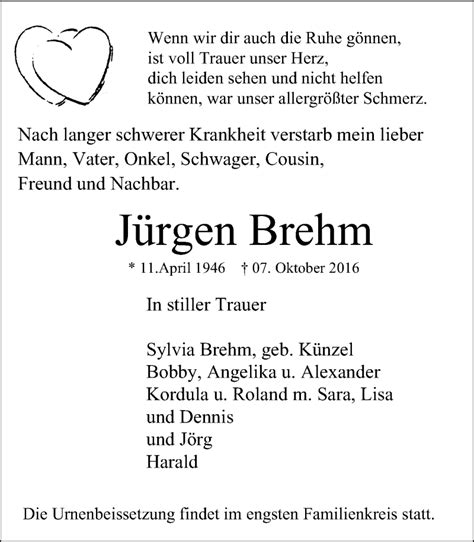 Traueranzeigen Von Jürgen Brehm Trauer In Nrwde